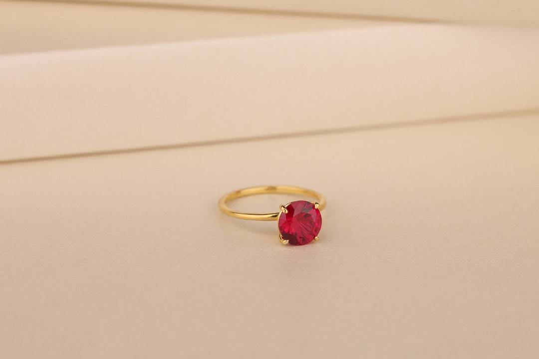 Round Red Ruby Ring to Her in Solid Gold, Silver Delicate Gemstone Ring ...
