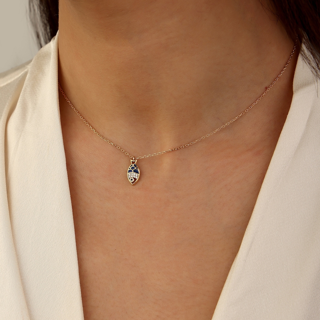 Tiny Fish Gold Necklace, Fish Jewelry, Colorful 18K Gold Fish Necklace ...