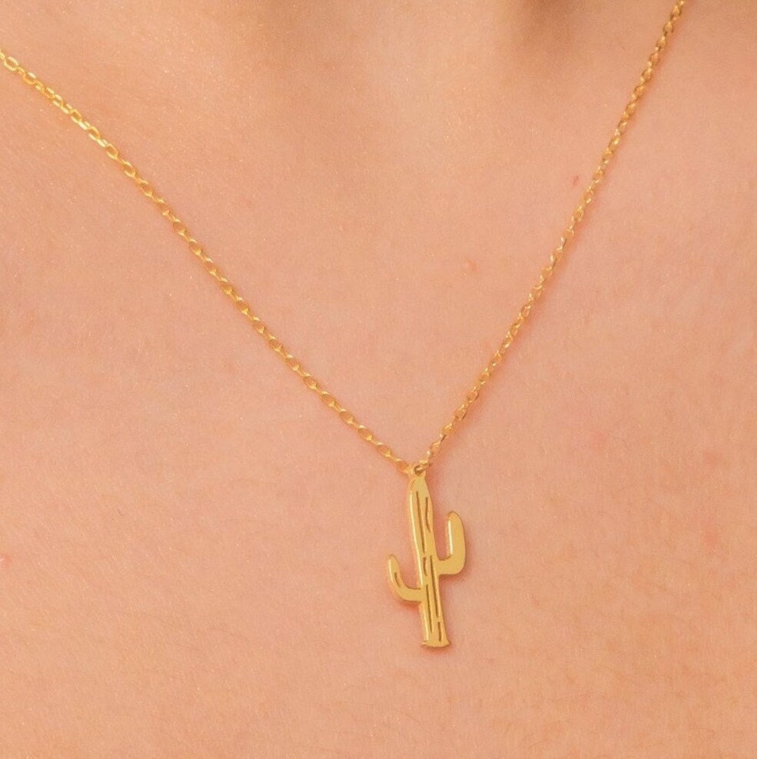Cactus Necklace, 14k Solid Gold Cactus Charm, Saguaro Necklace, Cute ...