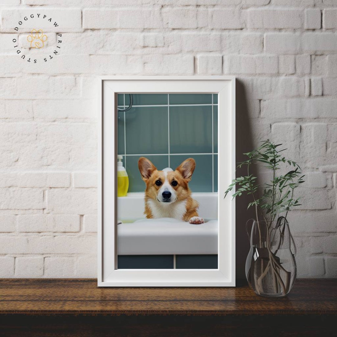 Charming Corgi Bath Art Print, Adorable Dog in Tub Wall Decor, Perfect ...