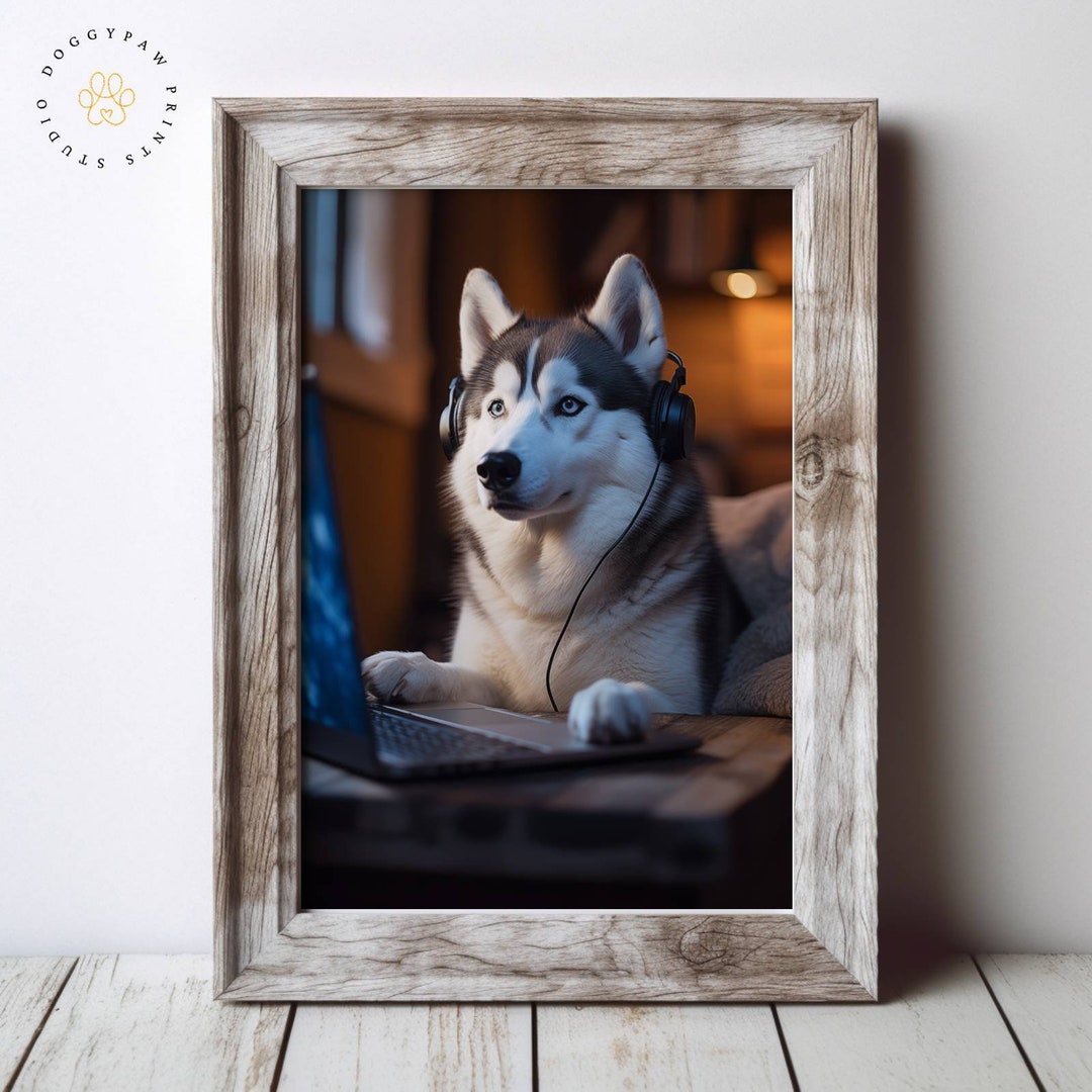 Husky Working From Home on a Laptop, Whimsical Home Decoration, Digital ...