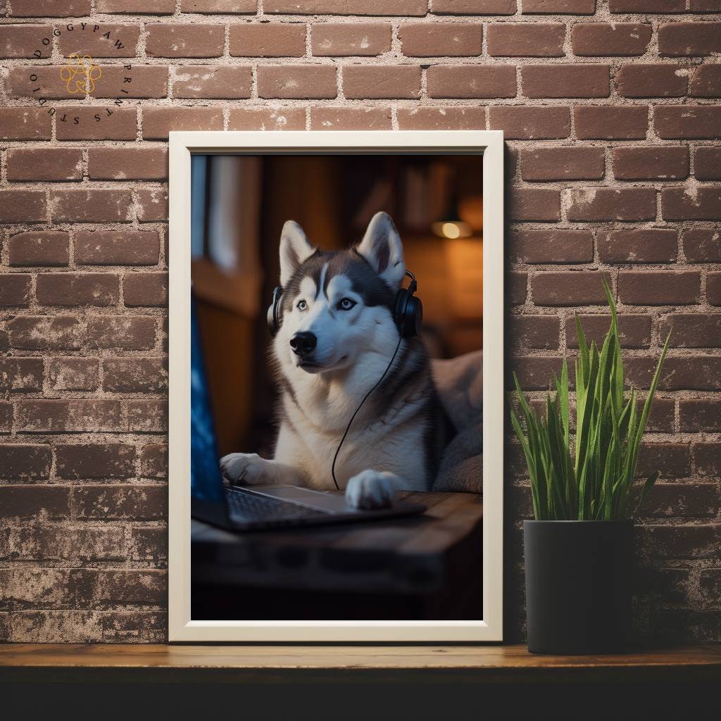 Husky Working From Home on a Laptop, Whimsical Home Decoration, Digital ...