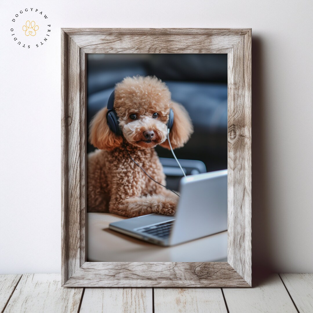 Poodle Work-from-home Illustration - Cute Digital Dog Artwork, Laptop ...
