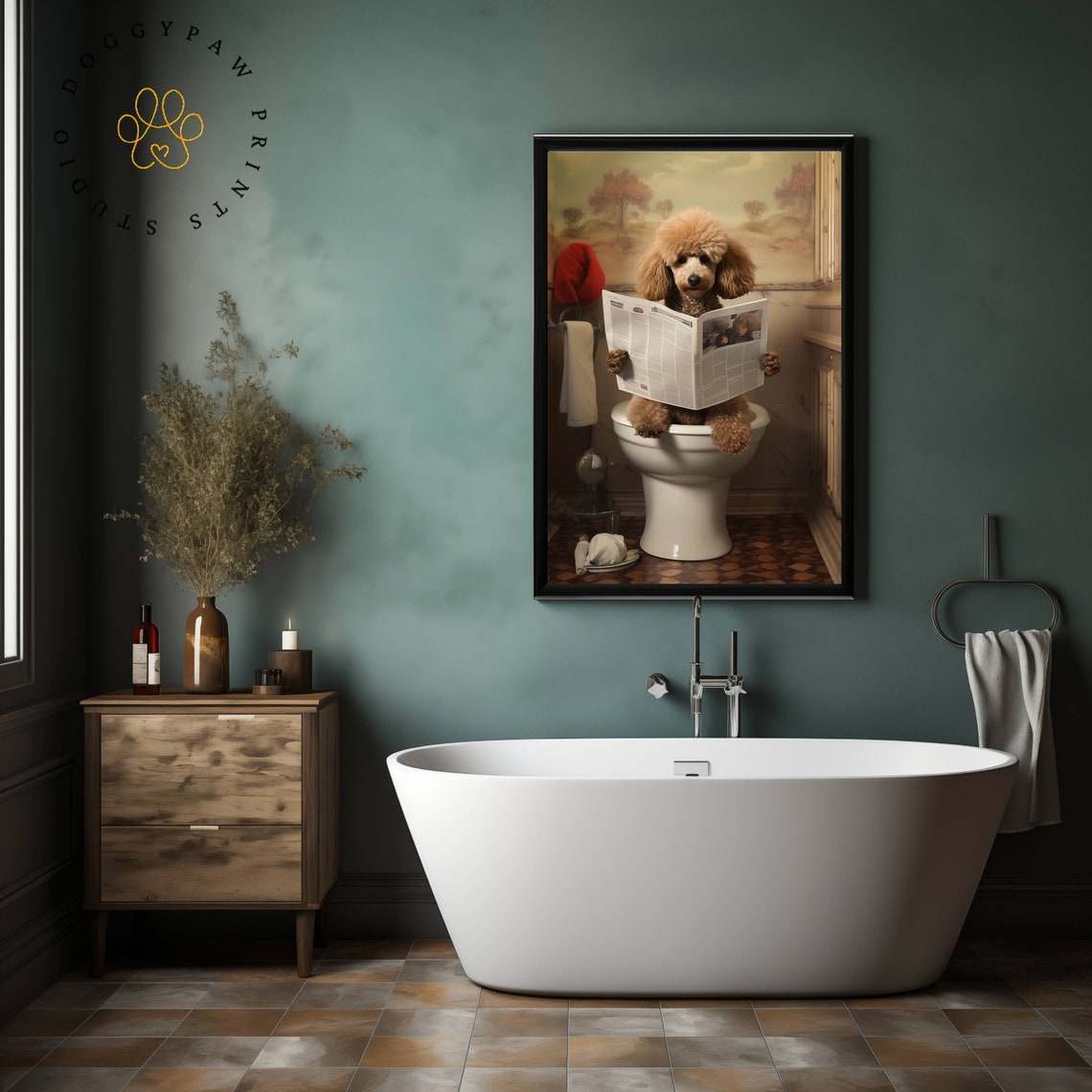 Comical Poodle Bathroom Art - Digital Illustration of Dog Enjoying News ...