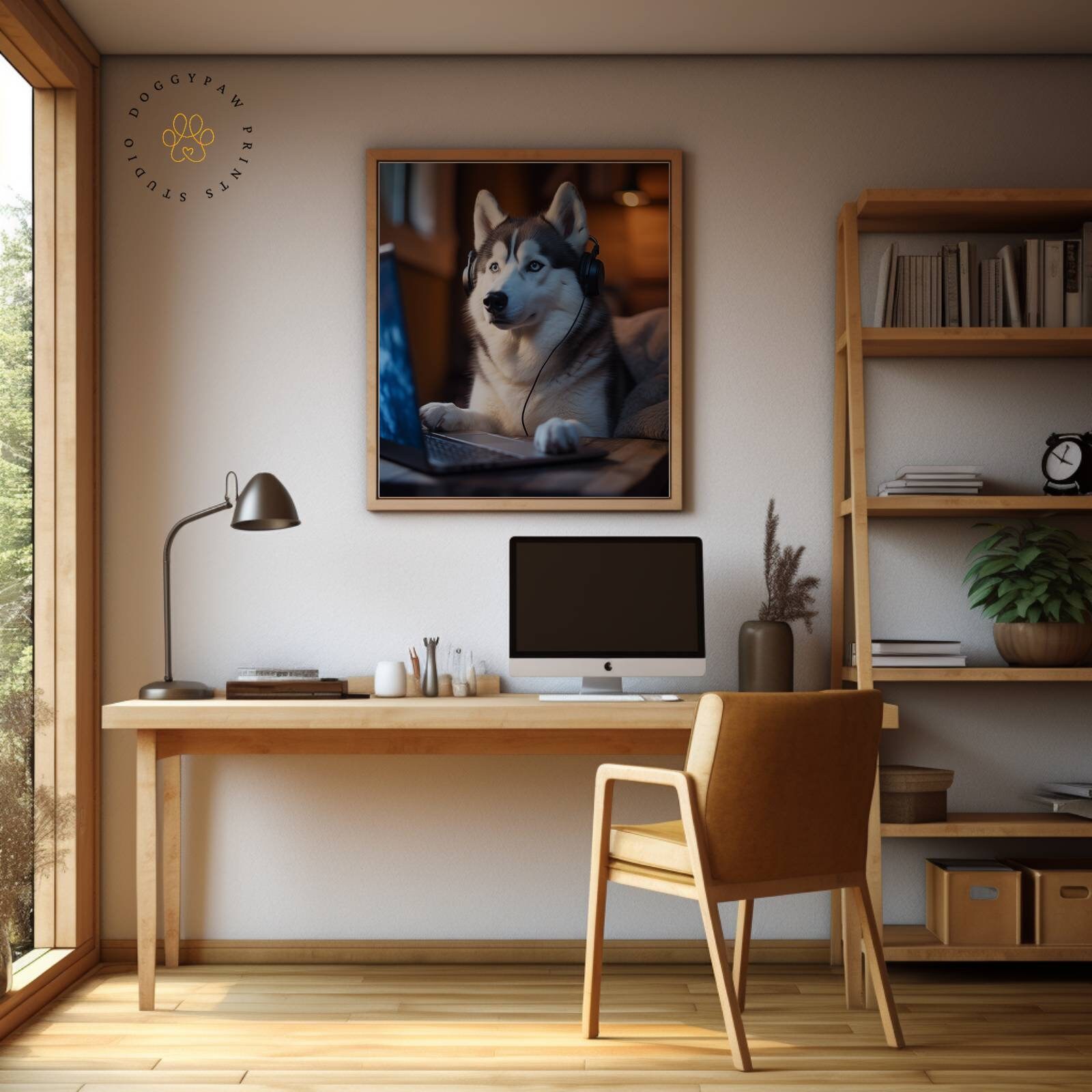 Husky Working From Home on a Laptop, Whimsical Home Decoration, Digital ...