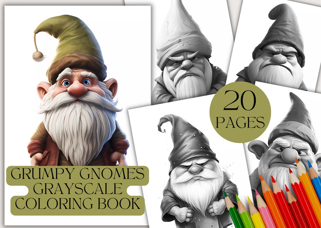 20 Grumpy Gnomes Colouring Pages | Colour Book | Grayscale Art Activity ...