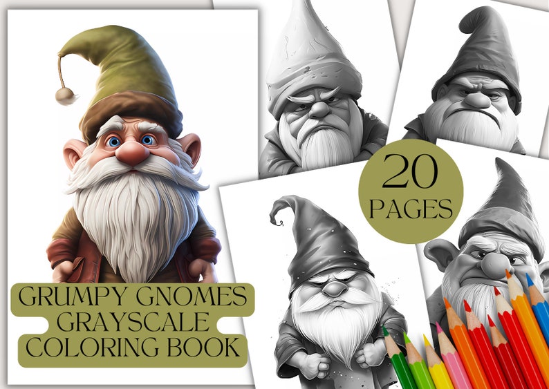 20 Grumpy Gnomes Colouring Pages | Colour Book | Grayscale Art Activity ...