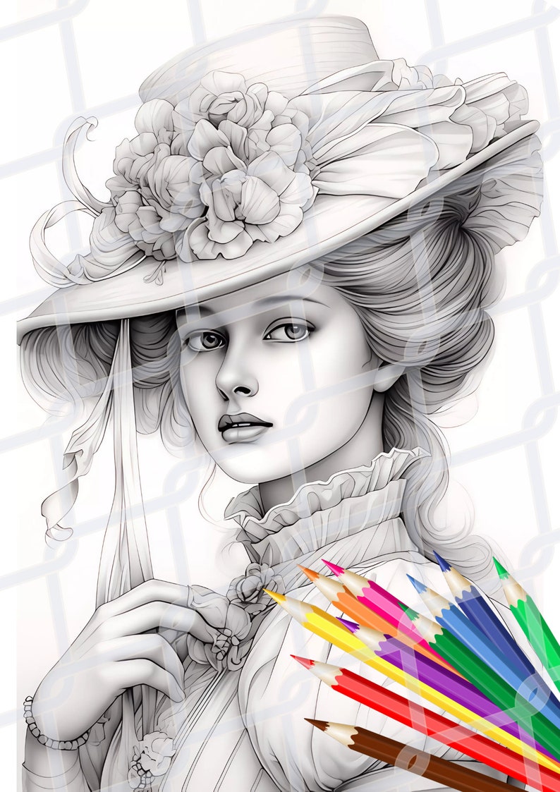 25 Women of the Victorian Era, Coloring Book, Grayscale Colouring Pages ...