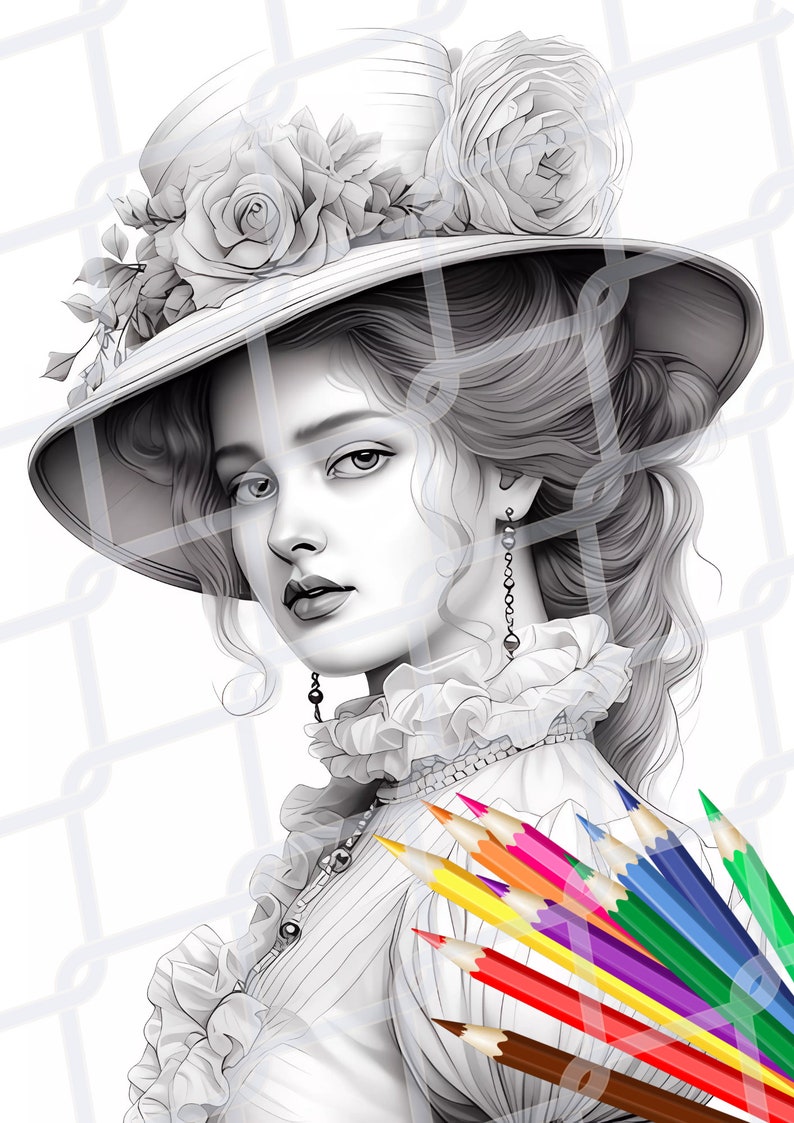 25 Women of the Victorian Era, Coloring Book, Grayscale Colouring Pages ...