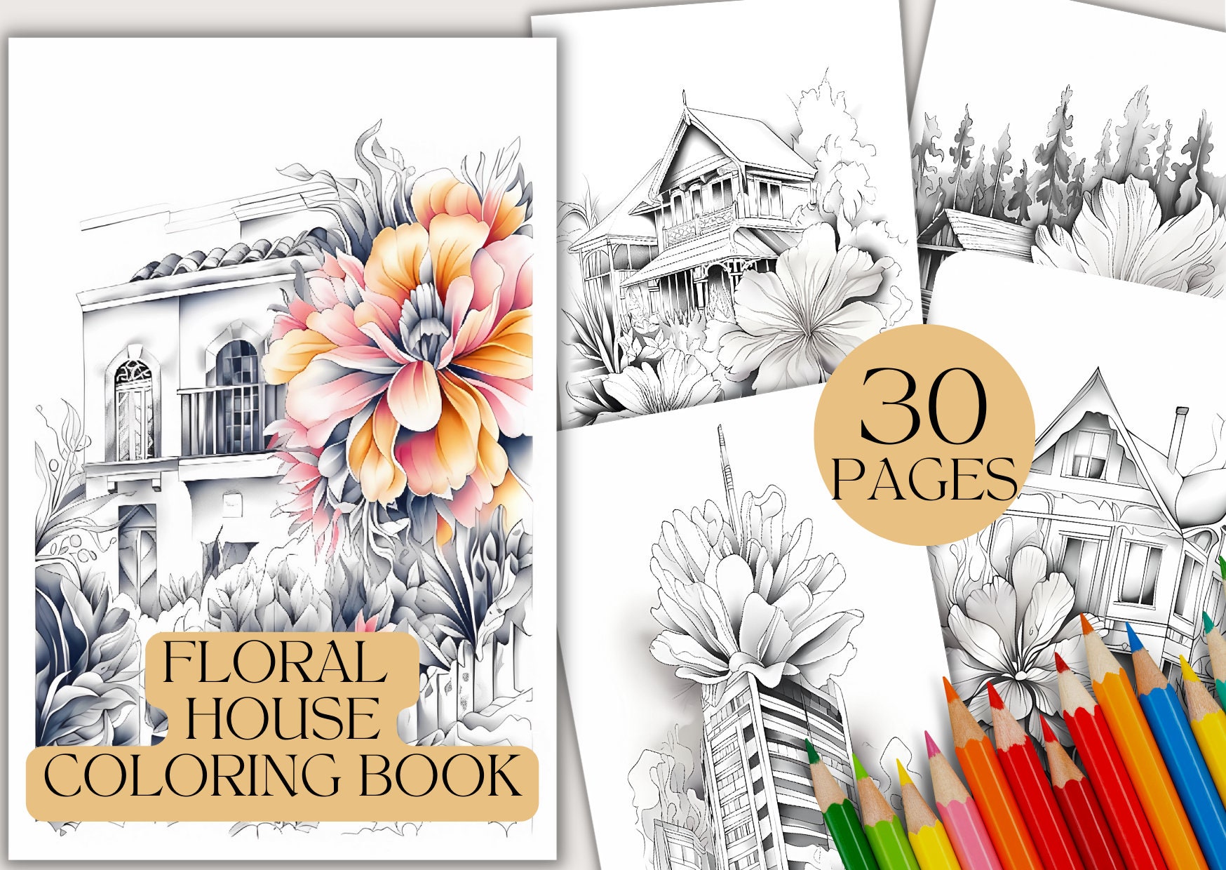 30 Floral Houses Colouring Pages Colour Book Amazing Art Activity for ...