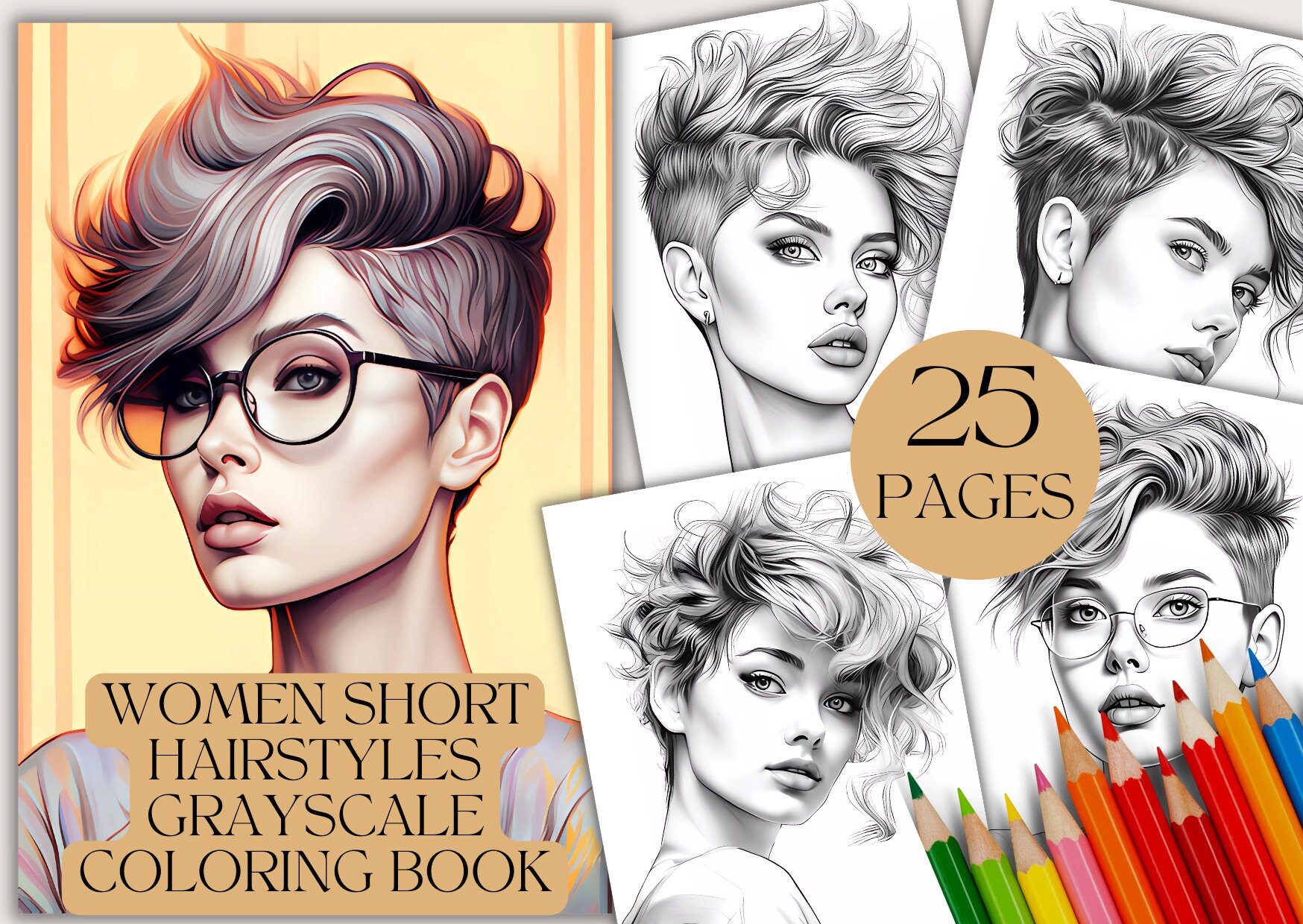 25 Women Short Hairstyles Coloring Book for Her Grayscale - Etsy
