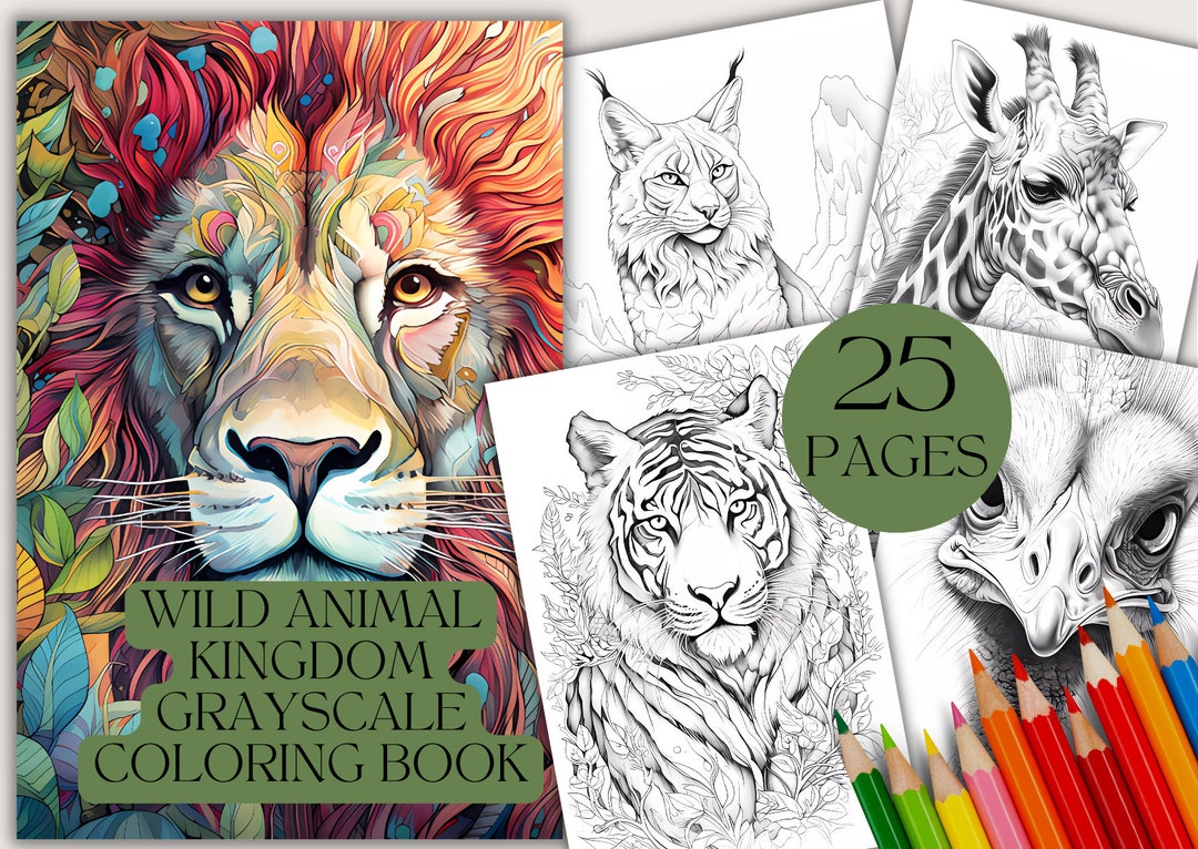 25 Wild Animal Kingdom Coloring Book Grayscale Colouring - Etsy