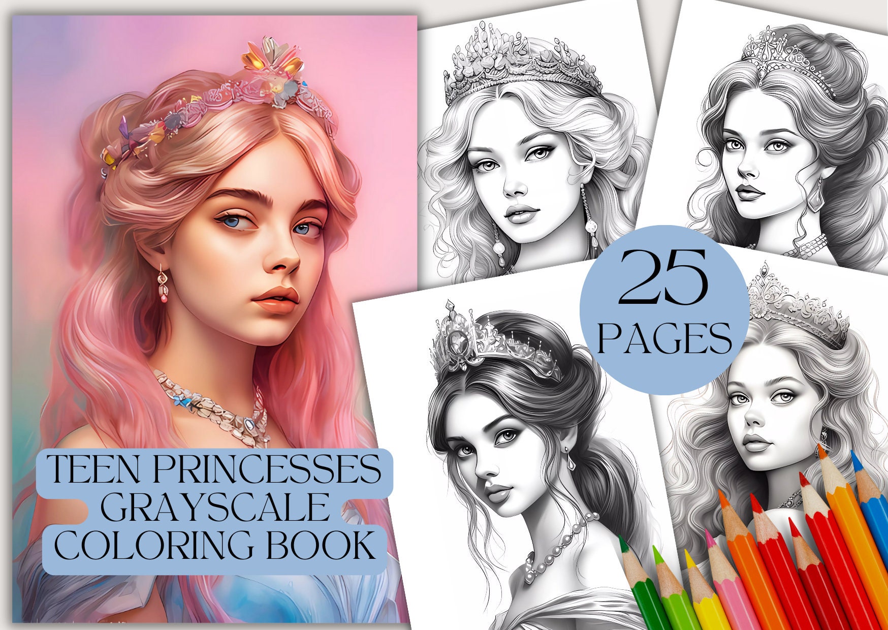 25 Teen Princesses Coloring Book for Her Grayscale - Etsy