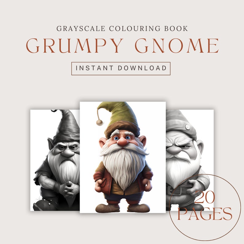 20 Grumpy Gnomes Colouring Pages | Colour Book | Grayscale Art Activity ...