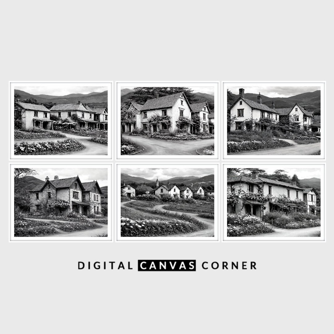 Printable SET Homestead Landscape Oil Painting Black and White Wall Art ...