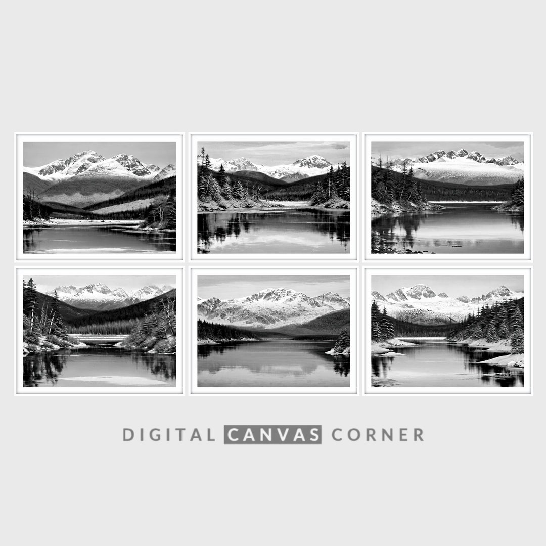Printable SET Frostbound Peaks Landscape Oil Painting Black and White ...