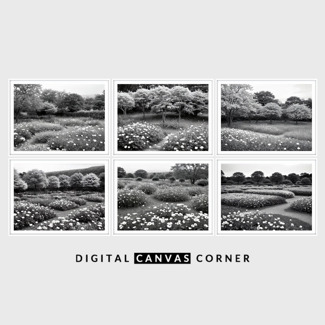 Printable SET Blossom Horizon Landscape Oil Painting Black and White ...