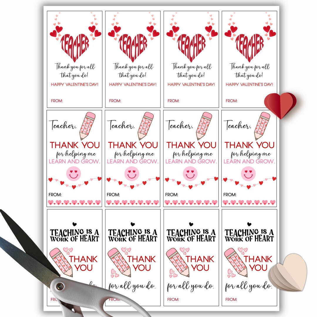 Printable Teacher Valentine Cards | Gift Tags (PDF Download) - Etsy