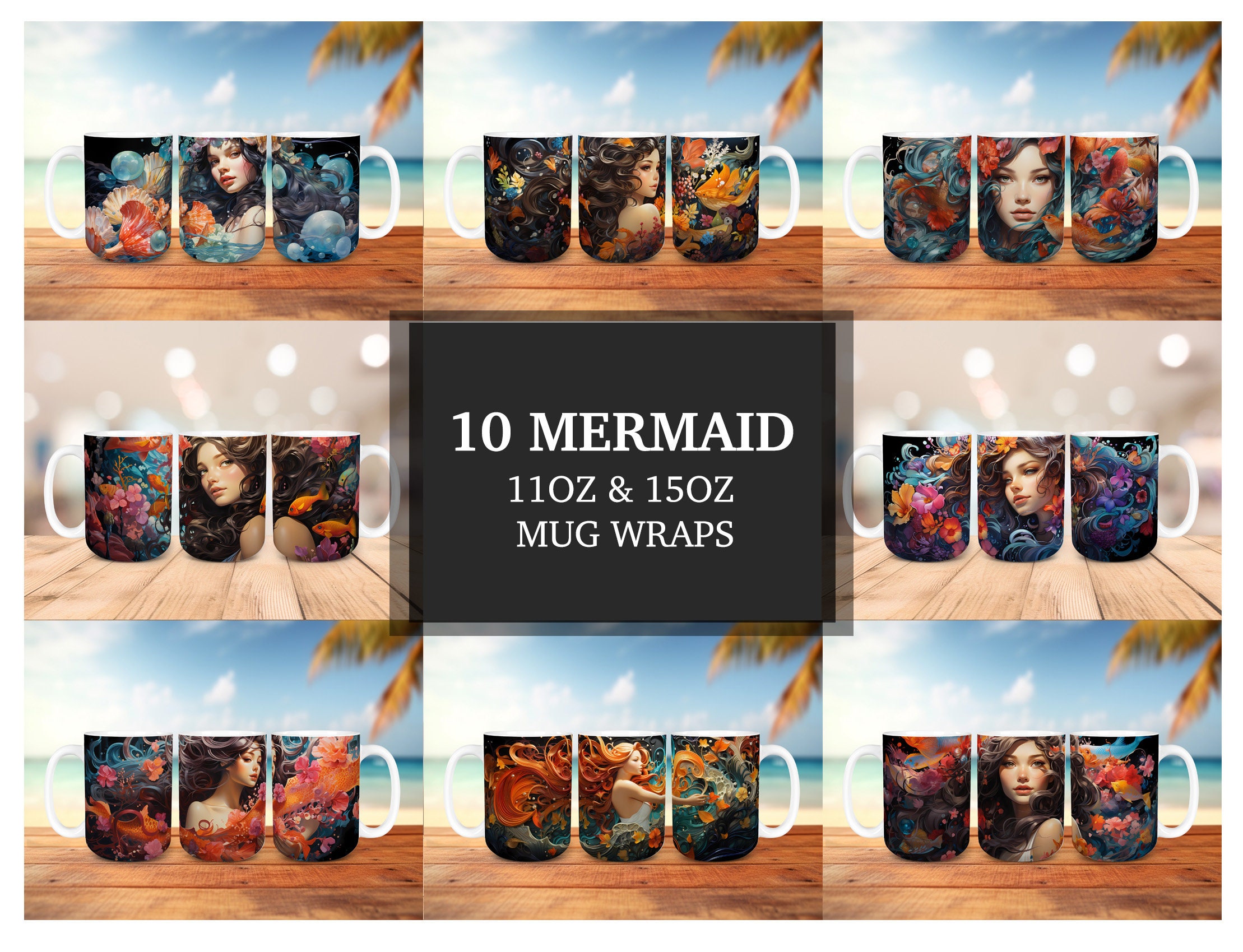 Set of 10 Mermaid 11oz & 15oz Mug Wrap Designs Mermaid Mug Sublimation ...