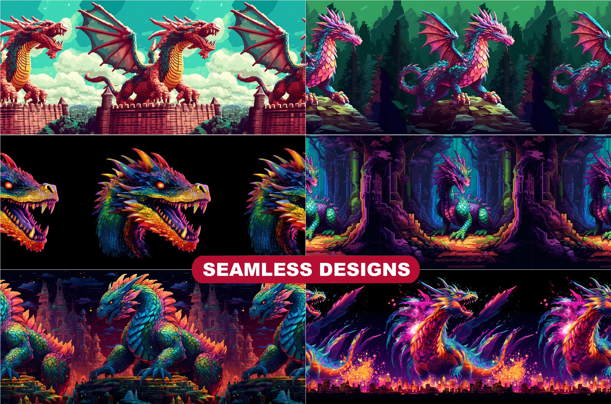 Set of 10 Pixel Art Style Dragon 20oz Tumbler Wrap Designs Seamless ...