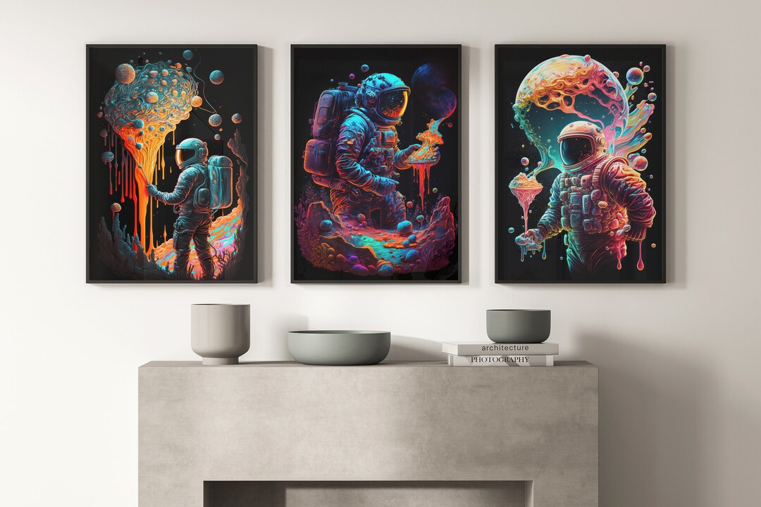 Set of 10 Posters of Astronauts on a Planet - Neon Art Style - Digital ...