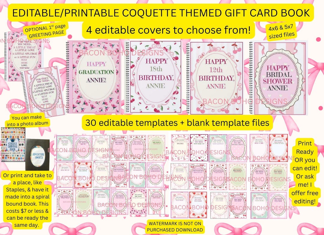 Printable/editable Coquette Gift Card Book, 30+ Gift Card Templates ...