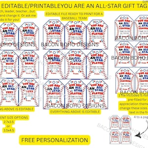 Editable/printable All-star Gift Tag, Baseball Team Gift Tag, Baseball ...