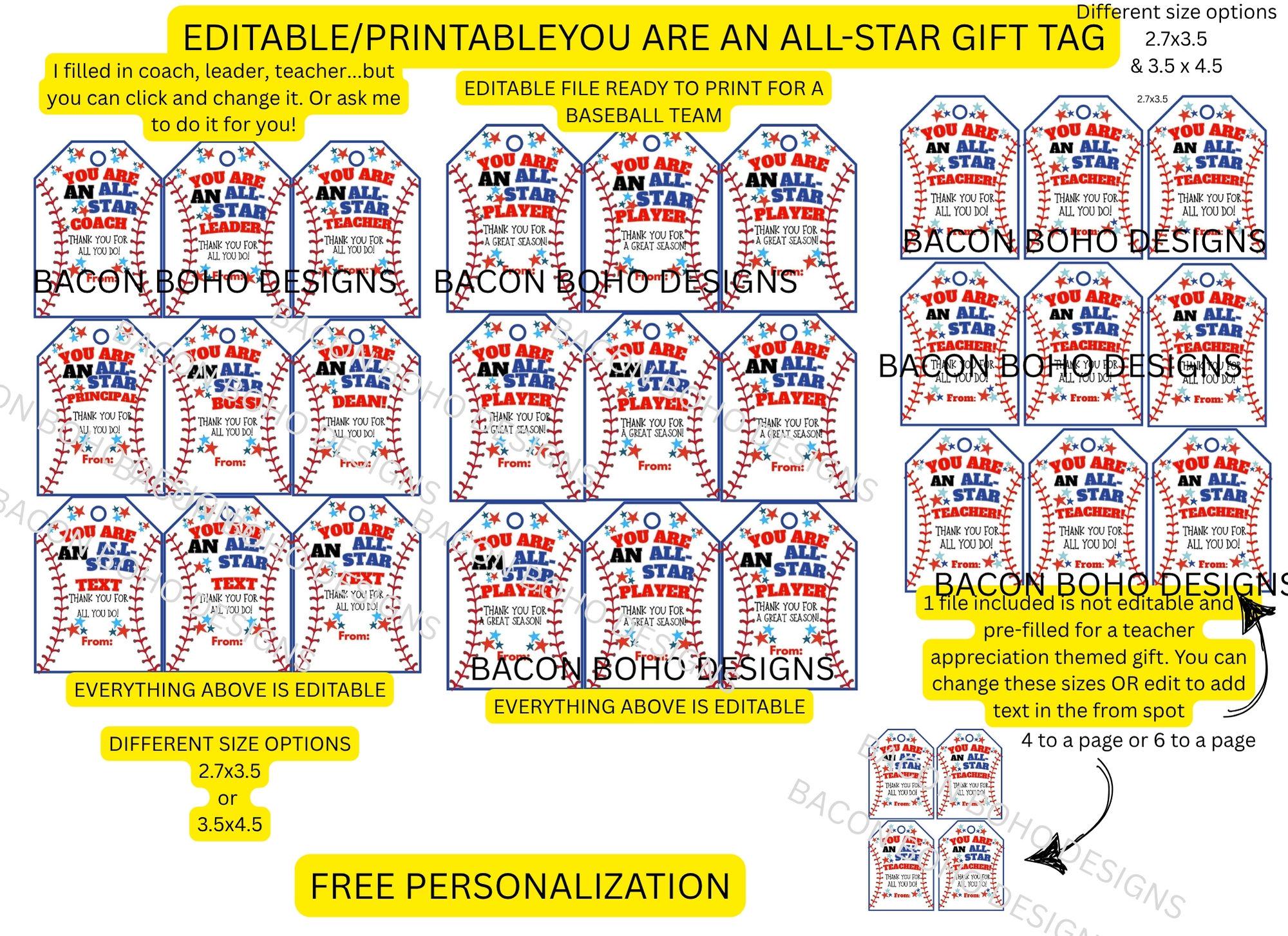 Editable/printable All-star Gift Tag, Baseball Team Gift Tag, Baseball ...
