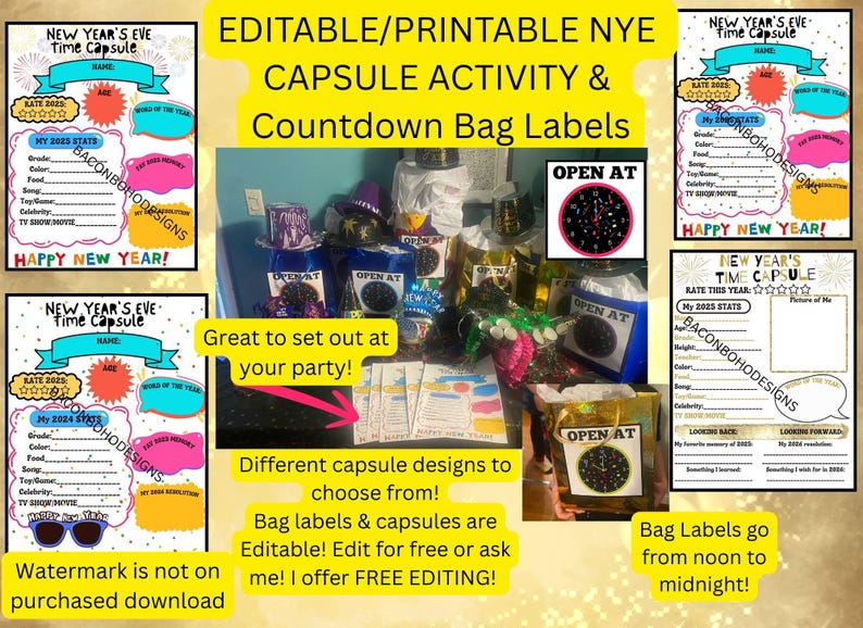 Printable/editable New Year's Eve Party Game Bundle, Countdown Bag ...