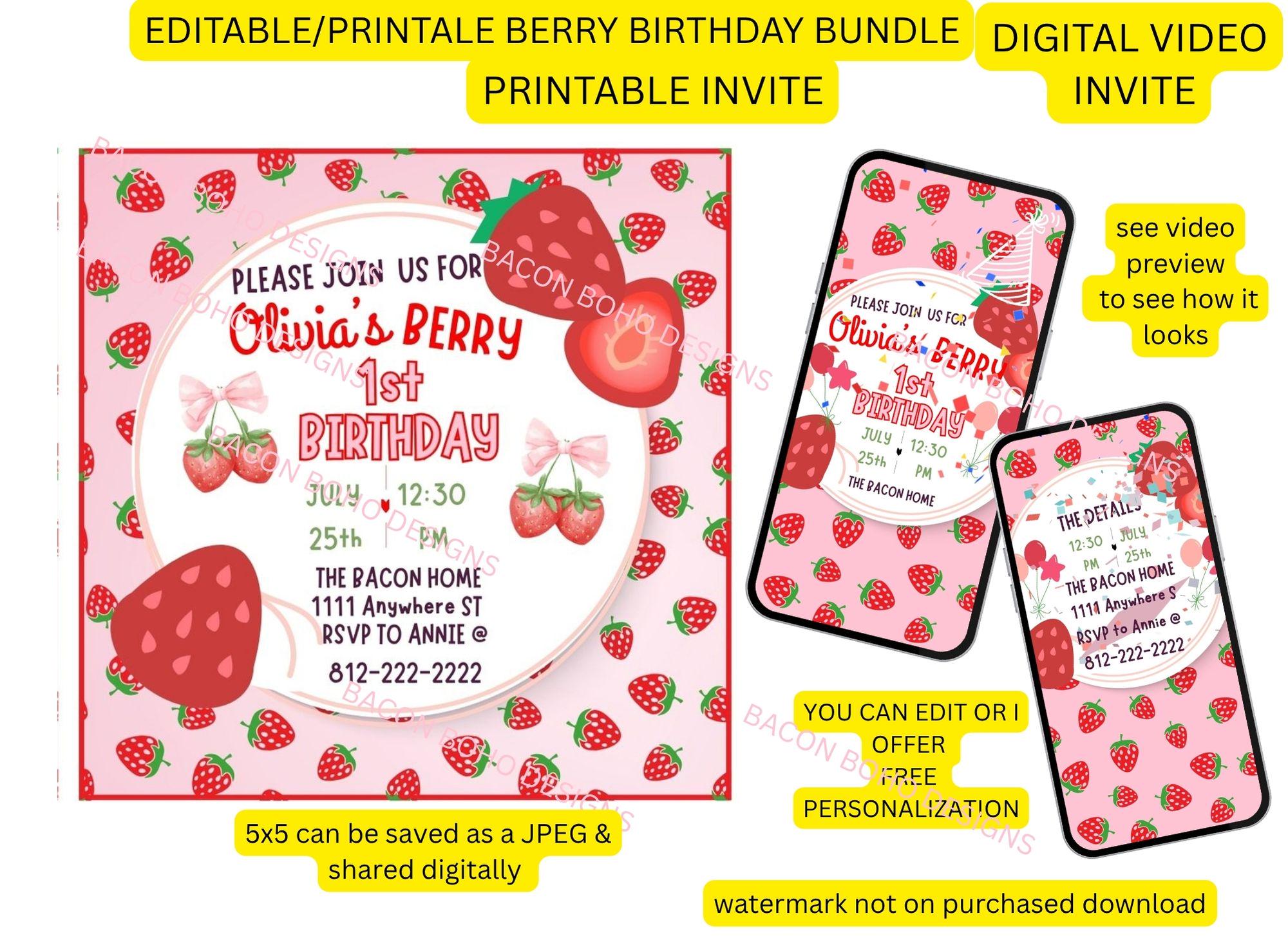 Editable/printable Strawberry Birthday Party Bundle, Strawberry ...