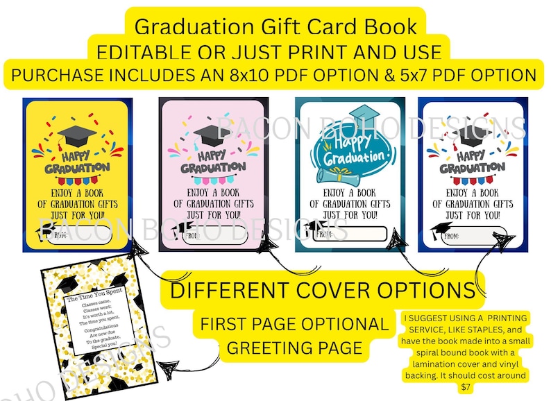 Editable/printable Graduation Gift Card Book, 25 Options,college ...