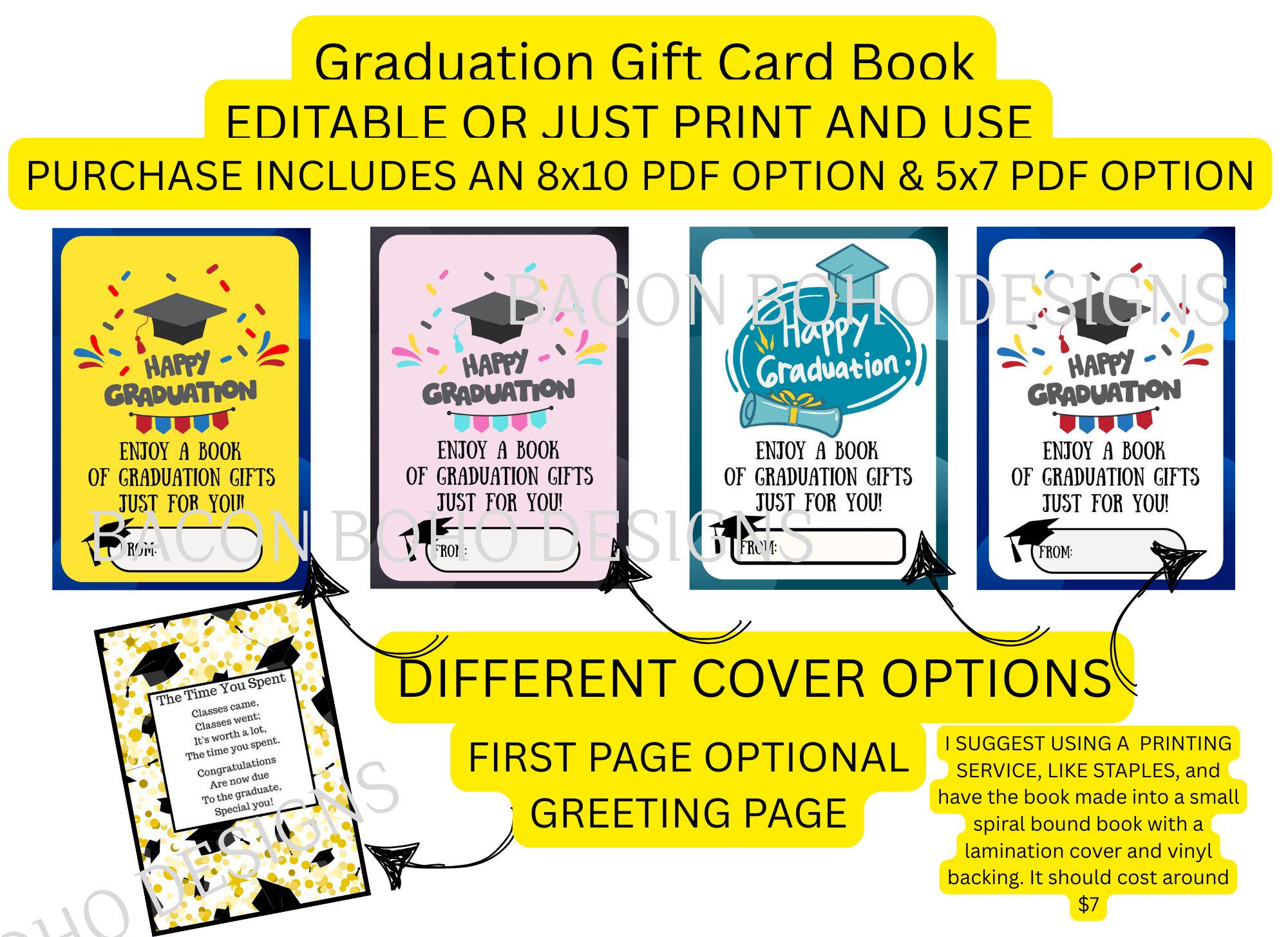 Editable/printable Graduation Gift Card Book, 25 Options,college ...