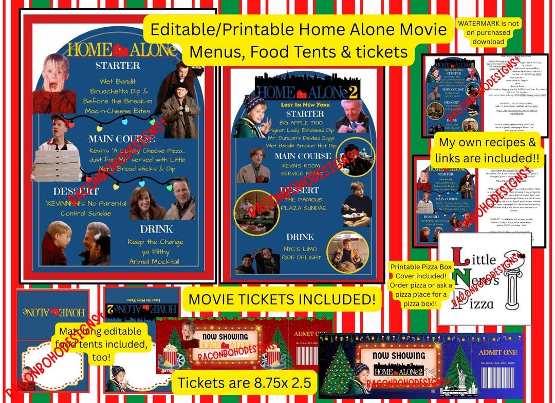 Printable/editable Home Alone Movie Bundle, Home Alone Menu, Movie ...