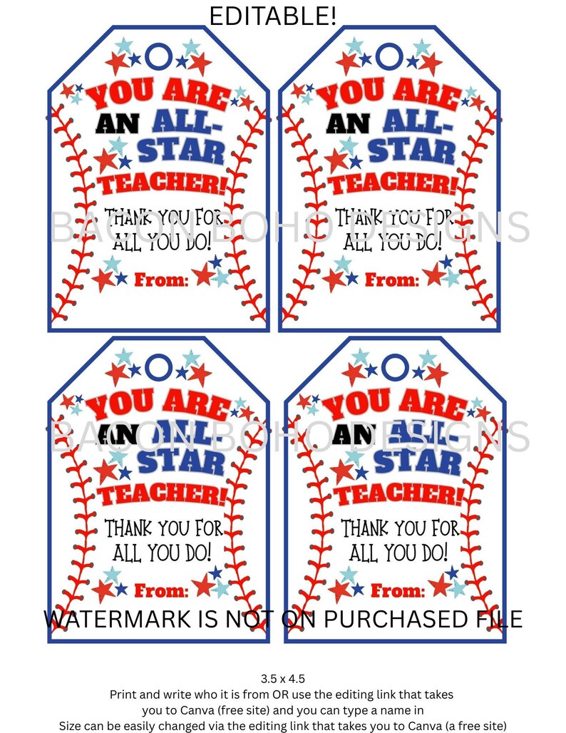 Editable/printable All-star Gift Tag, Baseball Team Gift Tag, Baseball ...