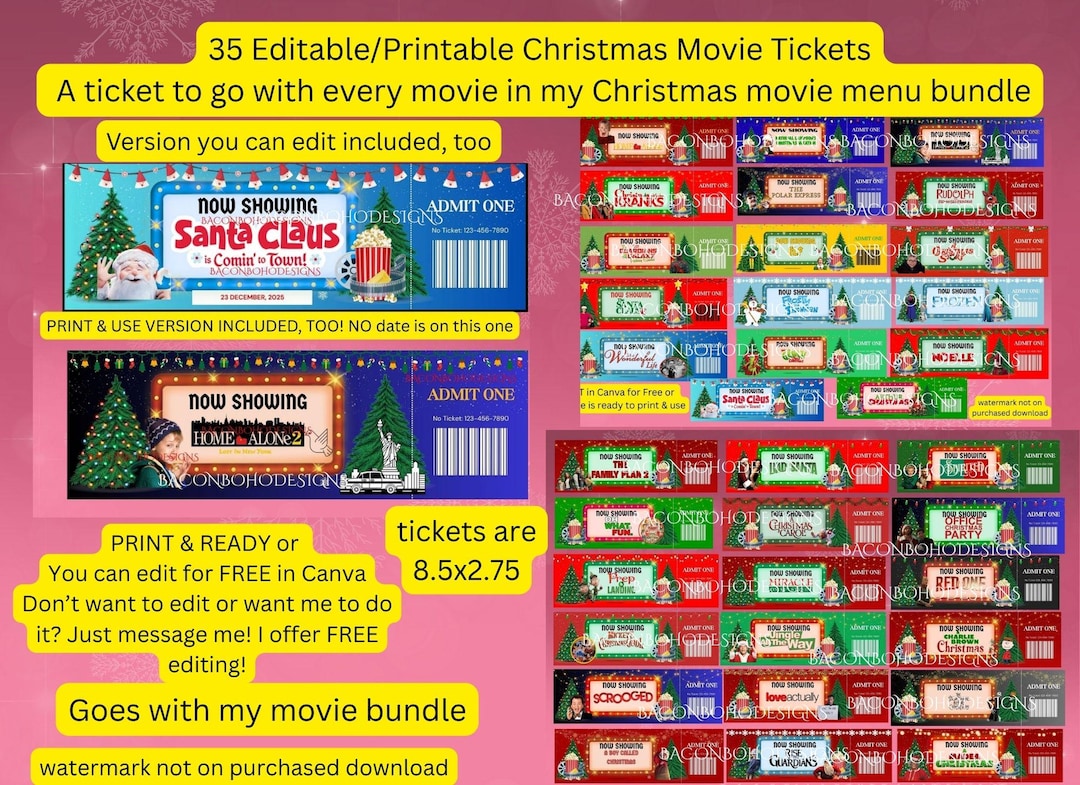 Editable/printable Christmas Movie Tickets, Christmas Movie Night ...