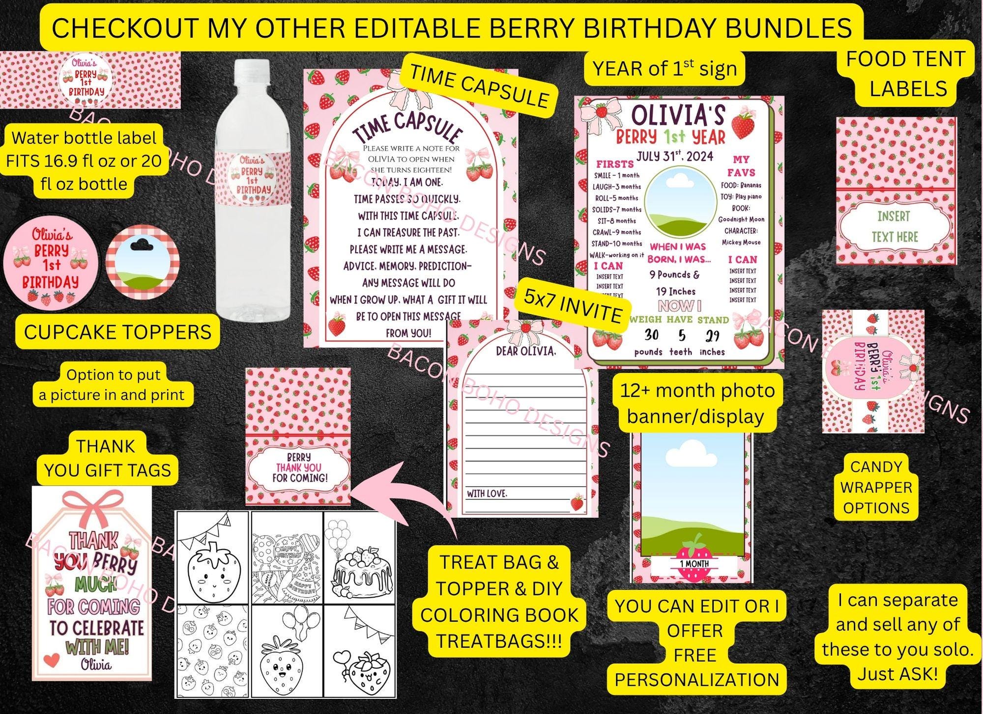 Editable/printable Strawberry Birthday Party Bundle, Strawberry ...