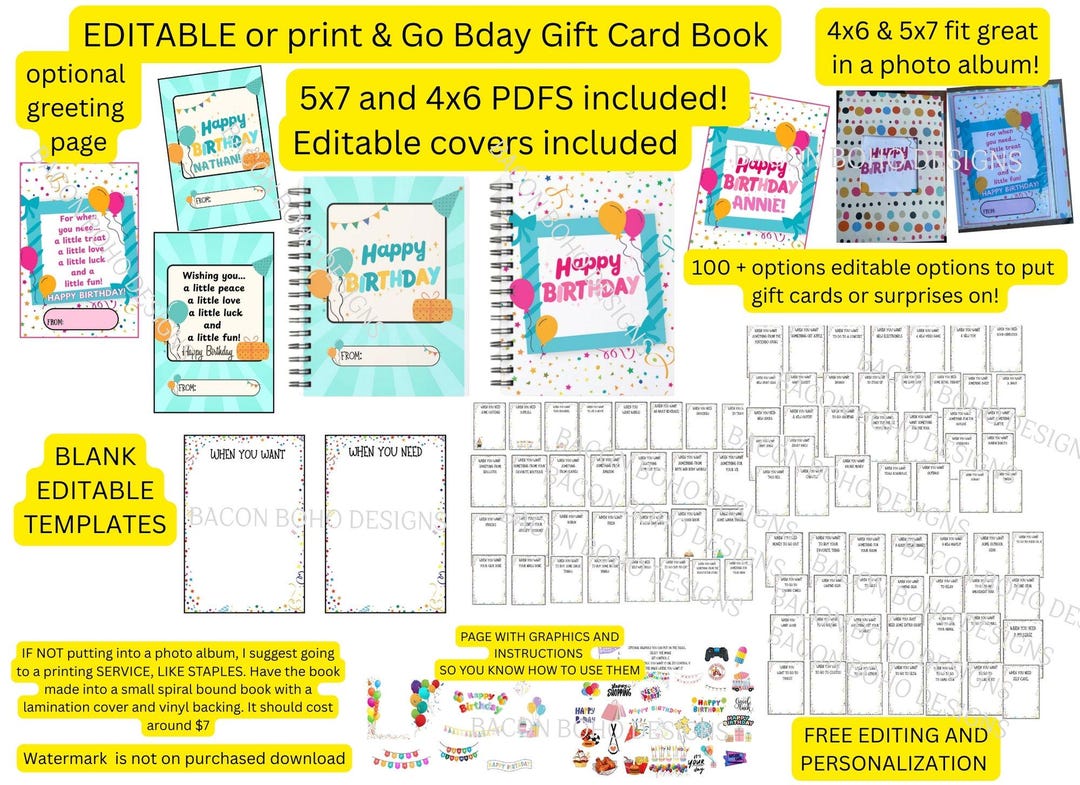 Printable Birthday Gift Card Book, Editable Gift Card Book, Gift Card ...