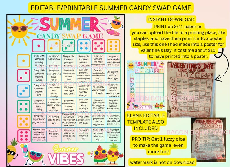 Editable/printable Summer Game, Summer Dice and Roll Game, Summer Fun ...