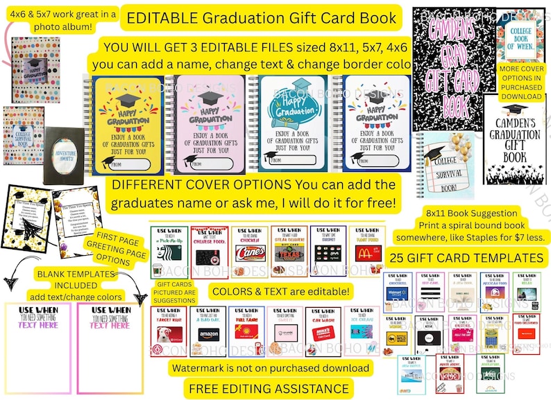 Editable/printable Graduation Gift Card Book, 25 Options,college ...