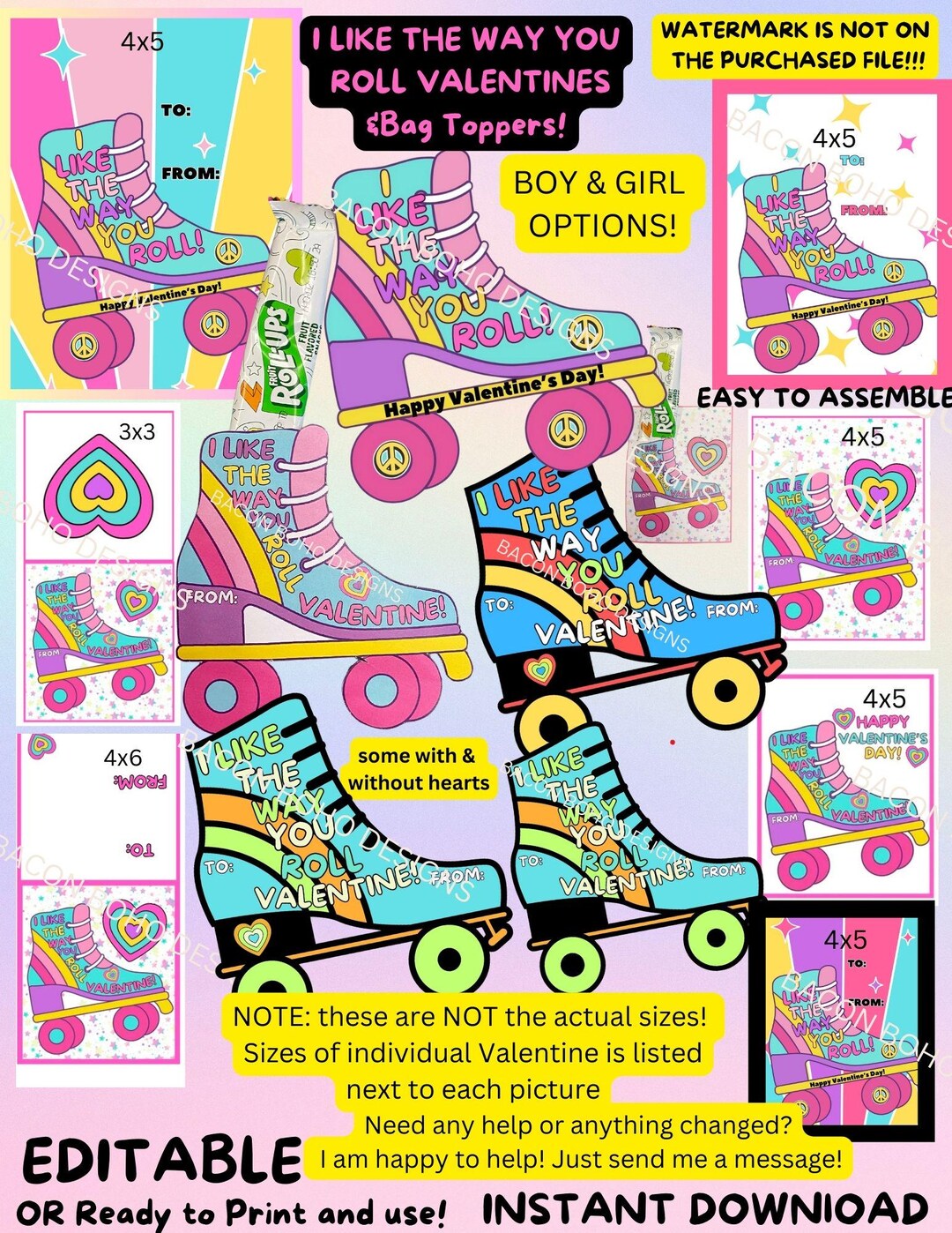 Retro Roller Skate Valentine, Kid Class Valentines, Editable Template ...