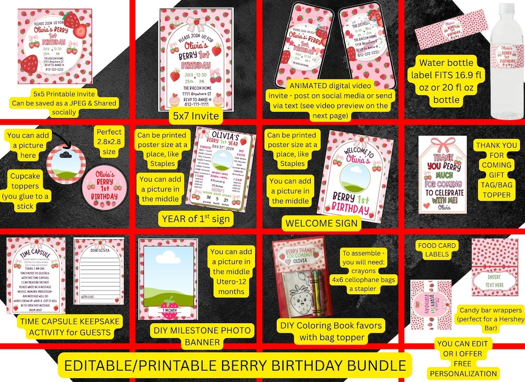 Editable/printable Strawberry Birthday Party Bundle, Strawberry ...