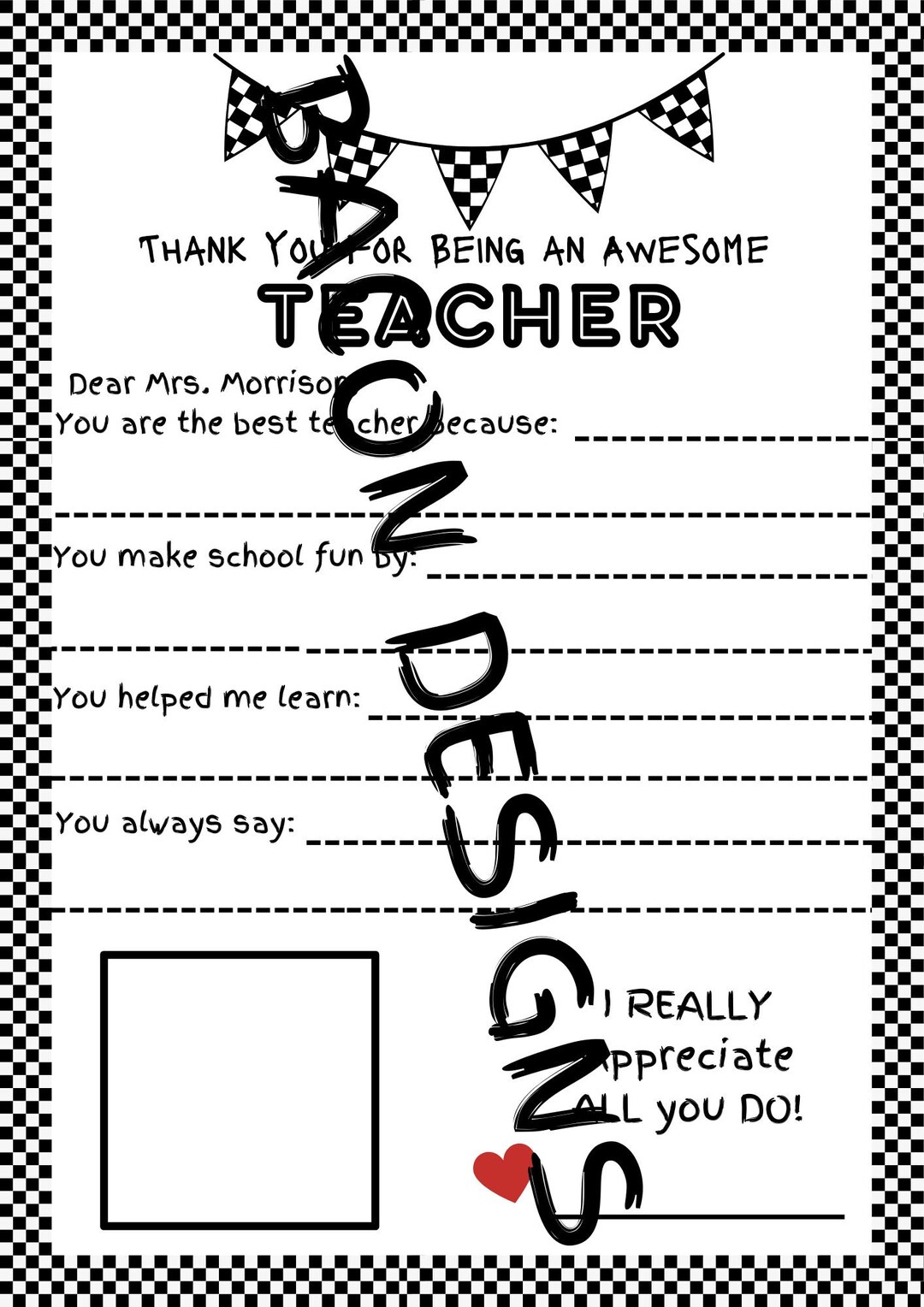Teacher Appreciation Worksheet, Editable, Printable, Teacher ...