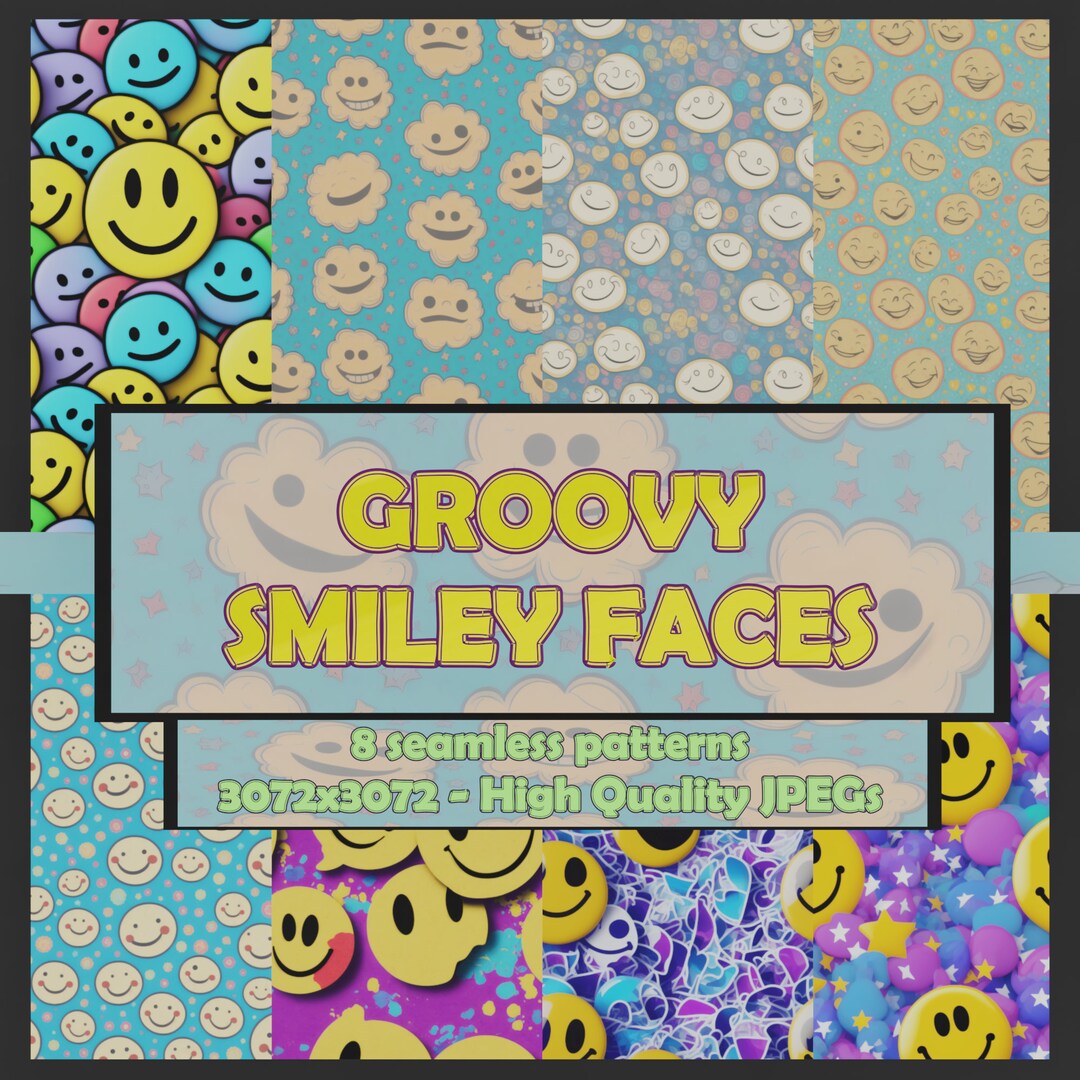 GROOVY RETRO, Retro Happy Face Digital Paper, Seamless Patterns Face ...