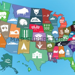US State Map Print: Iconic Landmarks, Colorful American Poster - Etsy