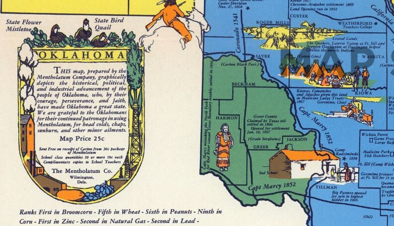 1937 Vintage Pictorial Map of Oklahoma: Historical & Industrial Art - Etsy