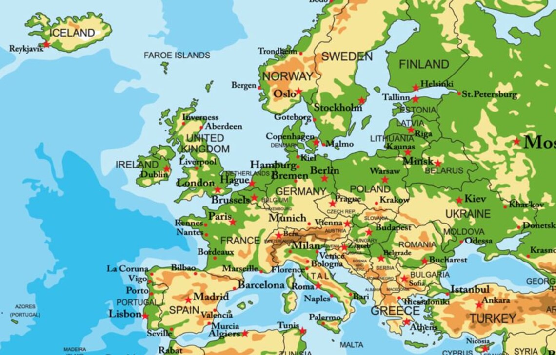 Detailed Physical World Map: Relief, Countries, Cities - Canvas or ...