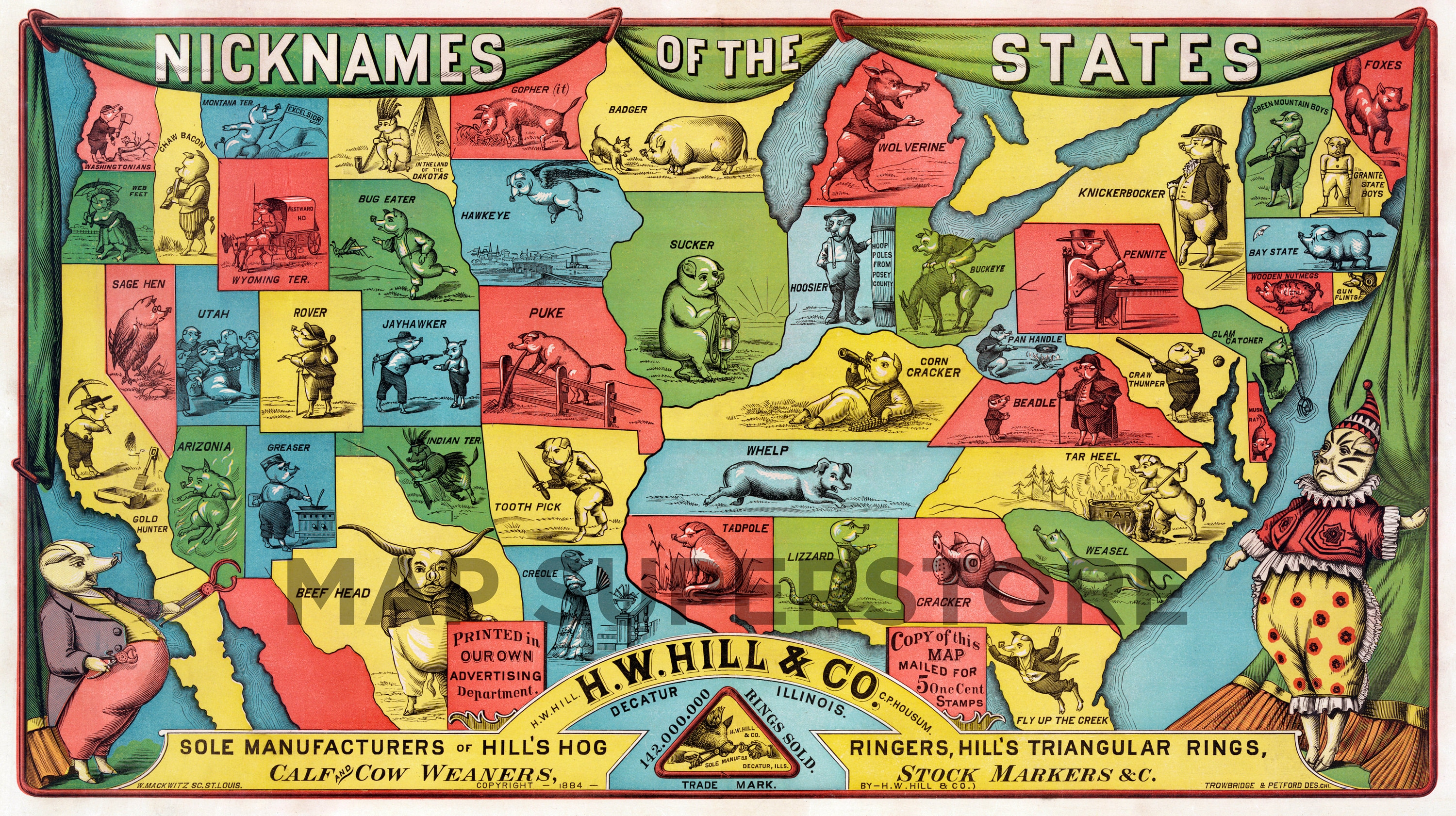Whimsical 1884 Nickname Map of American States: Exploring the Colorful ...
