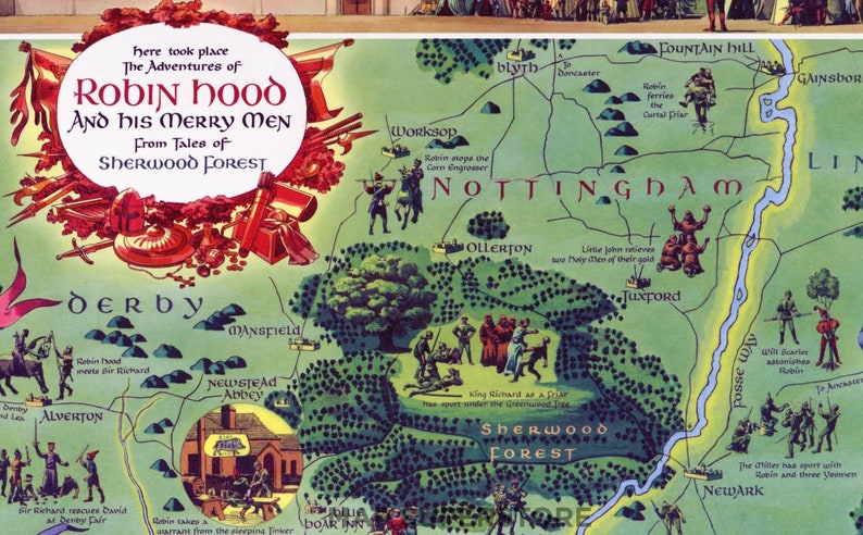 Vintage Pictorial Map - Adventures of Robin Hood and His Merry Men ...