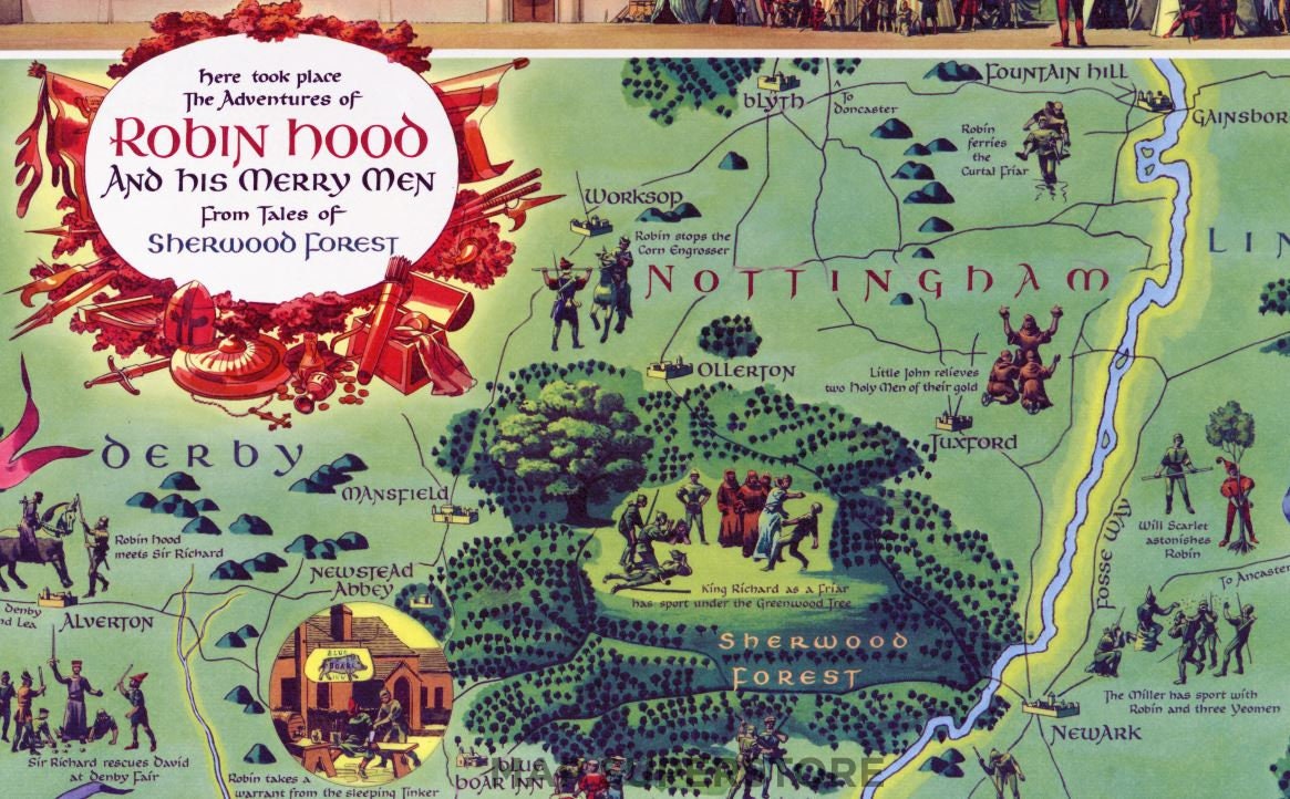 Vintage Pictorial Map - Adventures of Robin Hood and His Merry Men ...