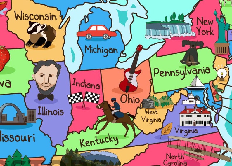 Cartoon USA Map With Landmark Illustrations - Educational Illustration ...
